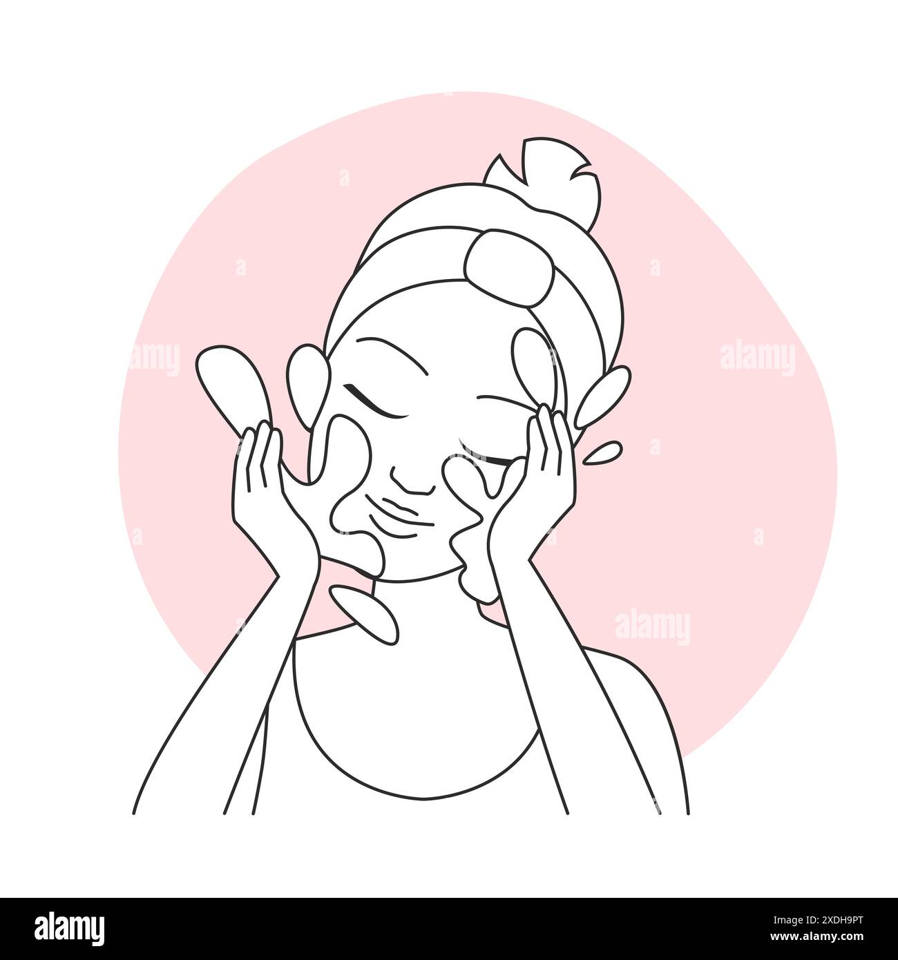 Girl in towel washing face, cleansing skin with water line icon vector ...