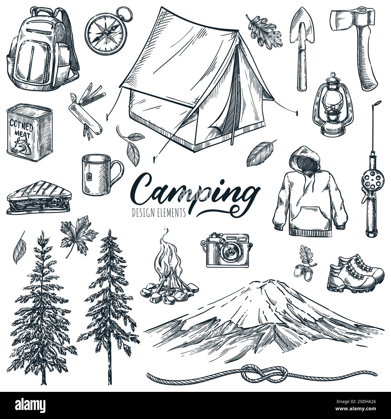 Camping, hiking adventures design elements set. Vector hand drawn ...