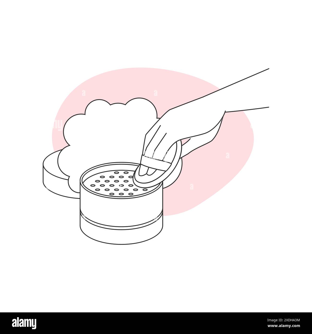 Hand holding puff to apply loose powder for face skin makeup line icon ...