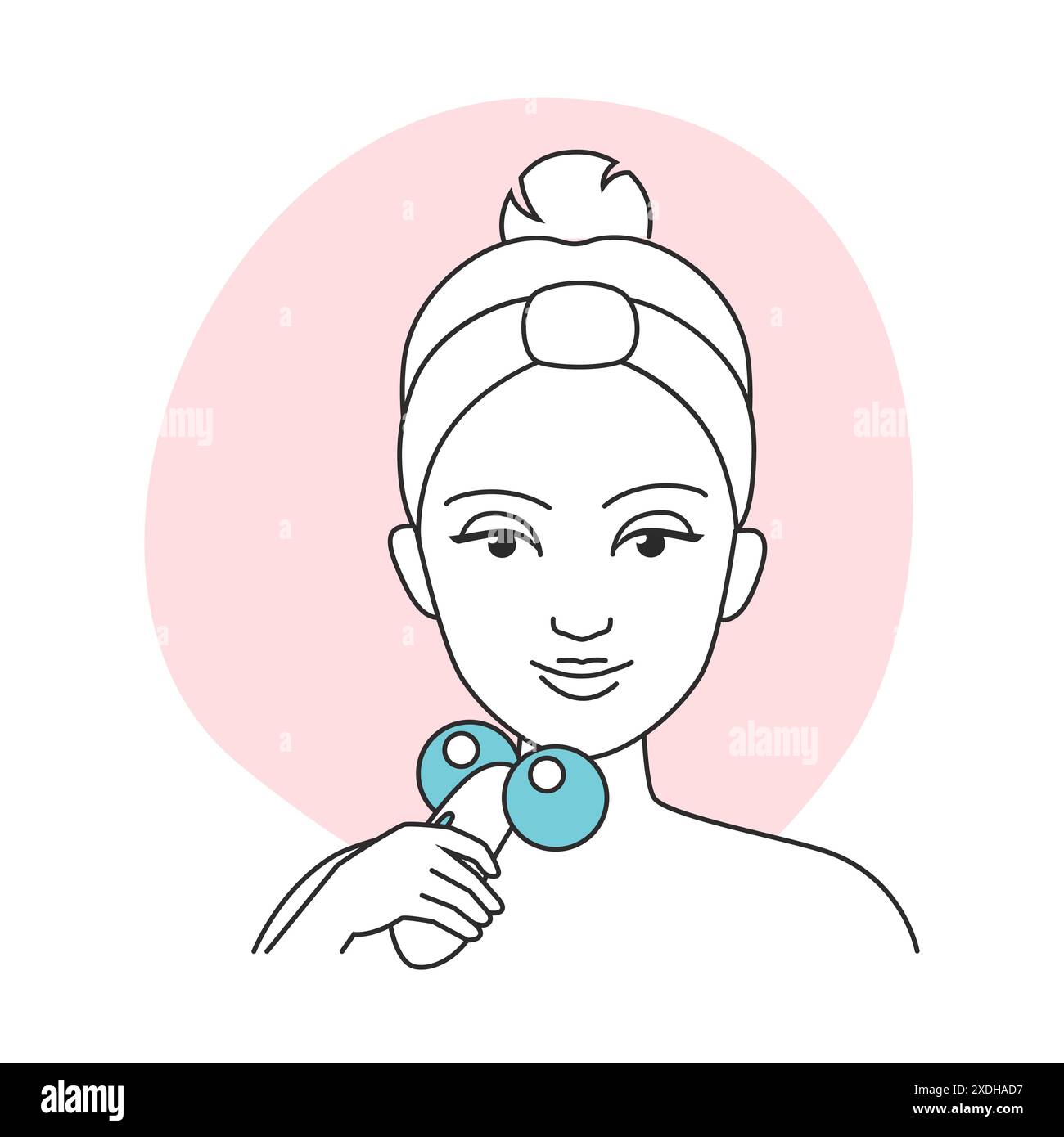 Microcurrent therapy at home, girl holding roller massager for facial massage line icon vector ...