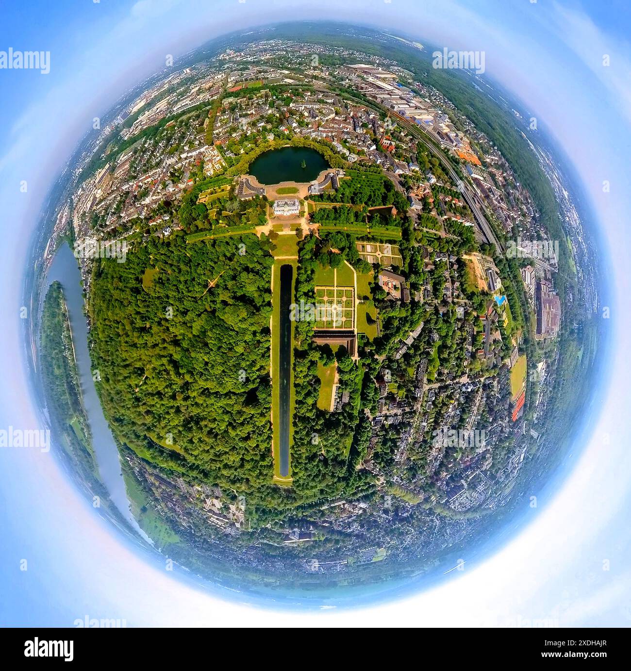 Aerial view, Benrath Palace with palace pond and palace park, Benrath ...