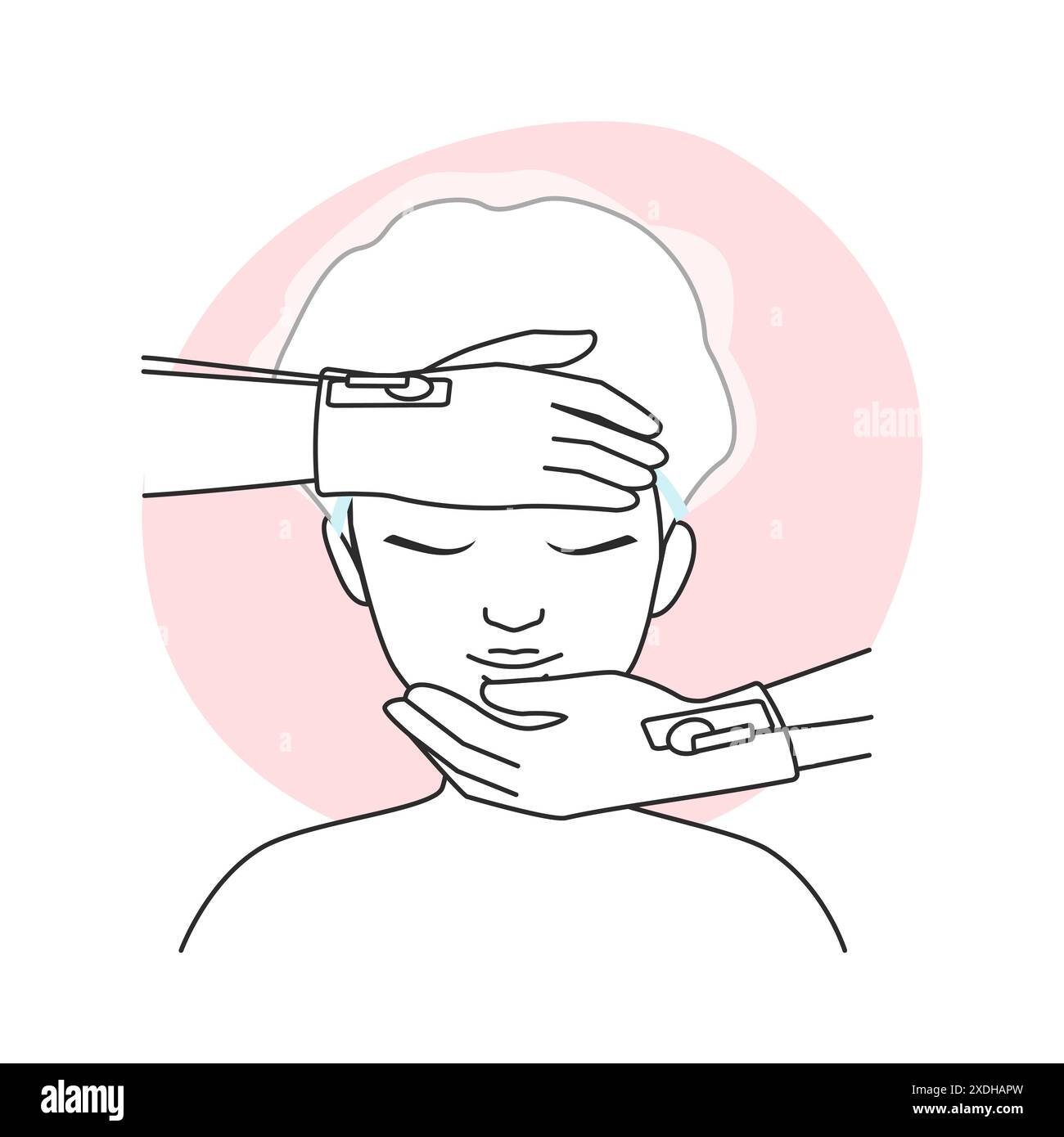 Beautician in microcurrent gloves holding girls face for massage line ...