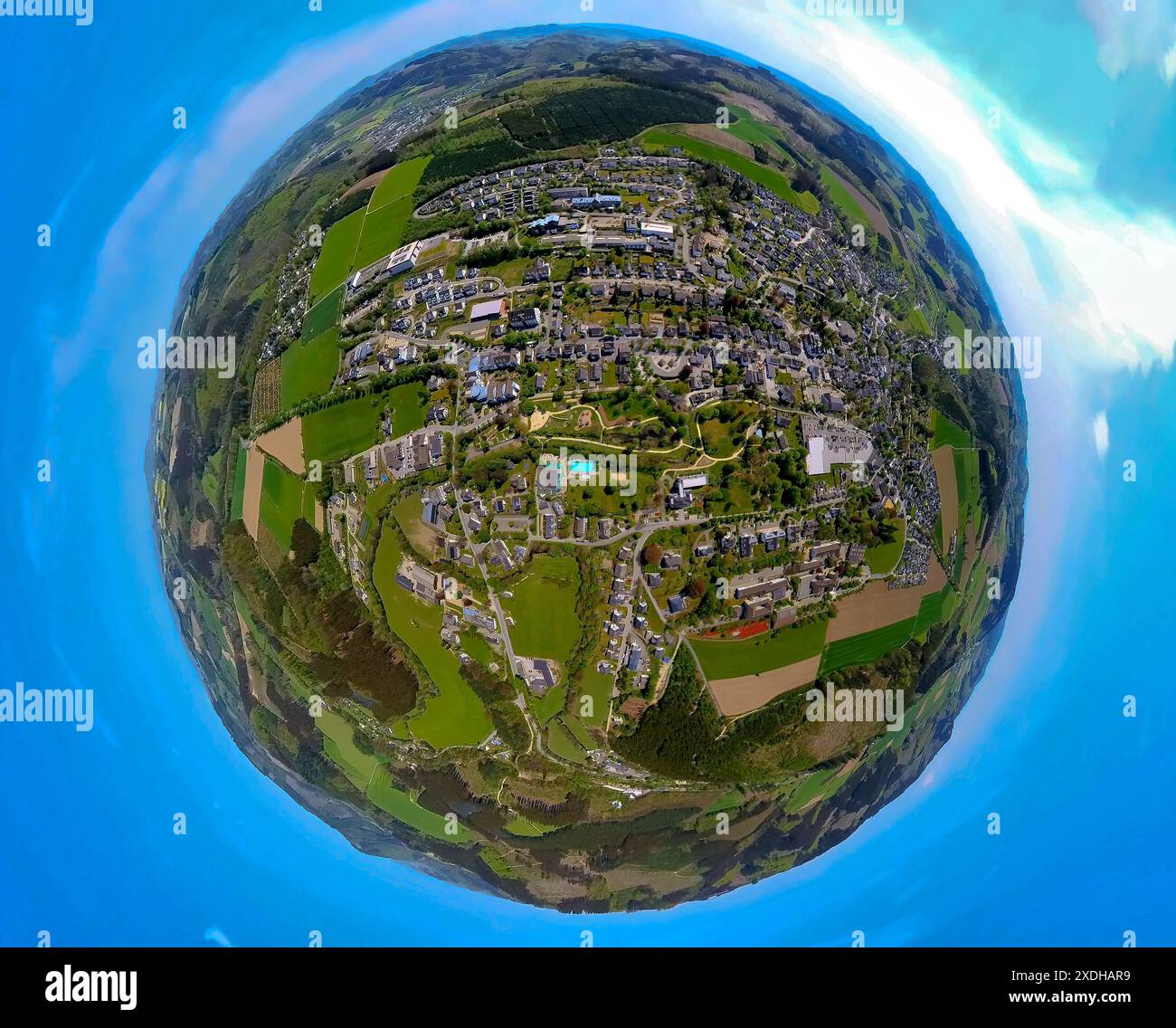 Aerial view, view of town center, Esselbad open-air swimming pool, earth globe, fisheye image ...