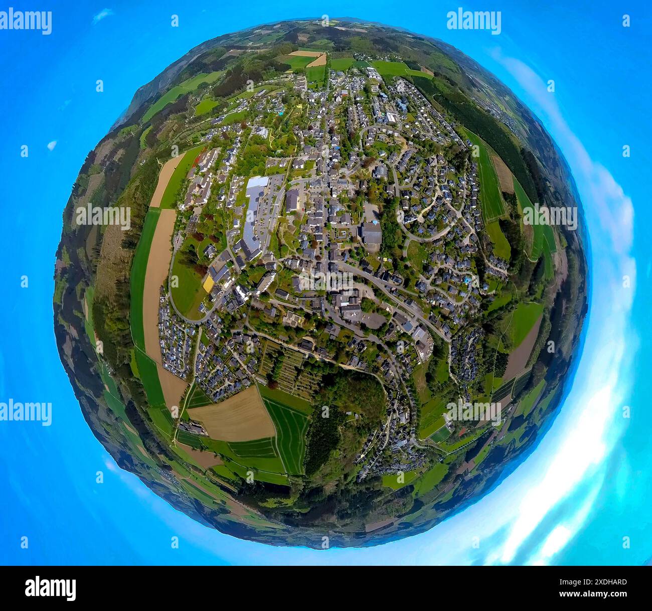 Aerial view, view of town center, shopping center Aldi supermarket ...