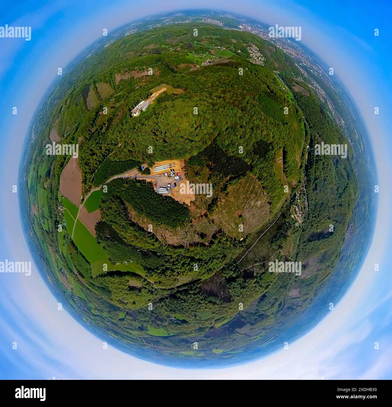 Aerial view, construction sites for wind turbine in forest area with ...