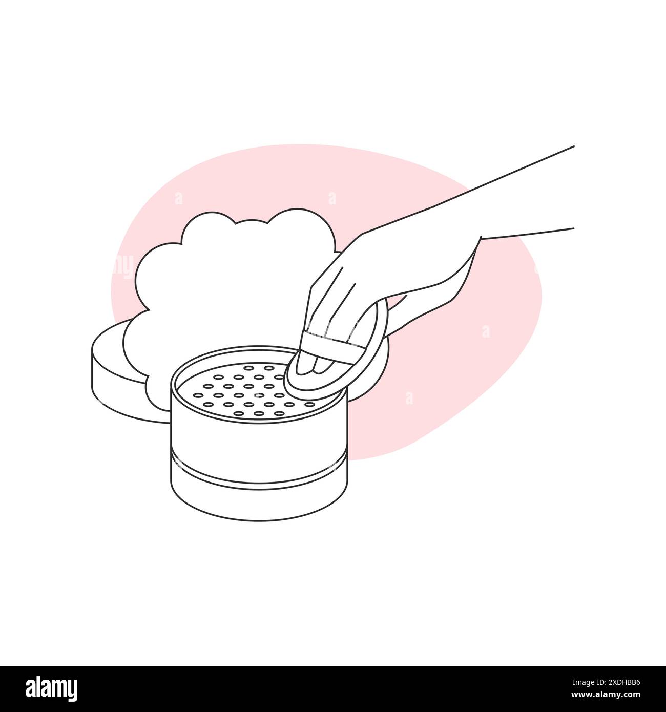 Hand holding puff to apply loose powder for face skin makeup line icon ...