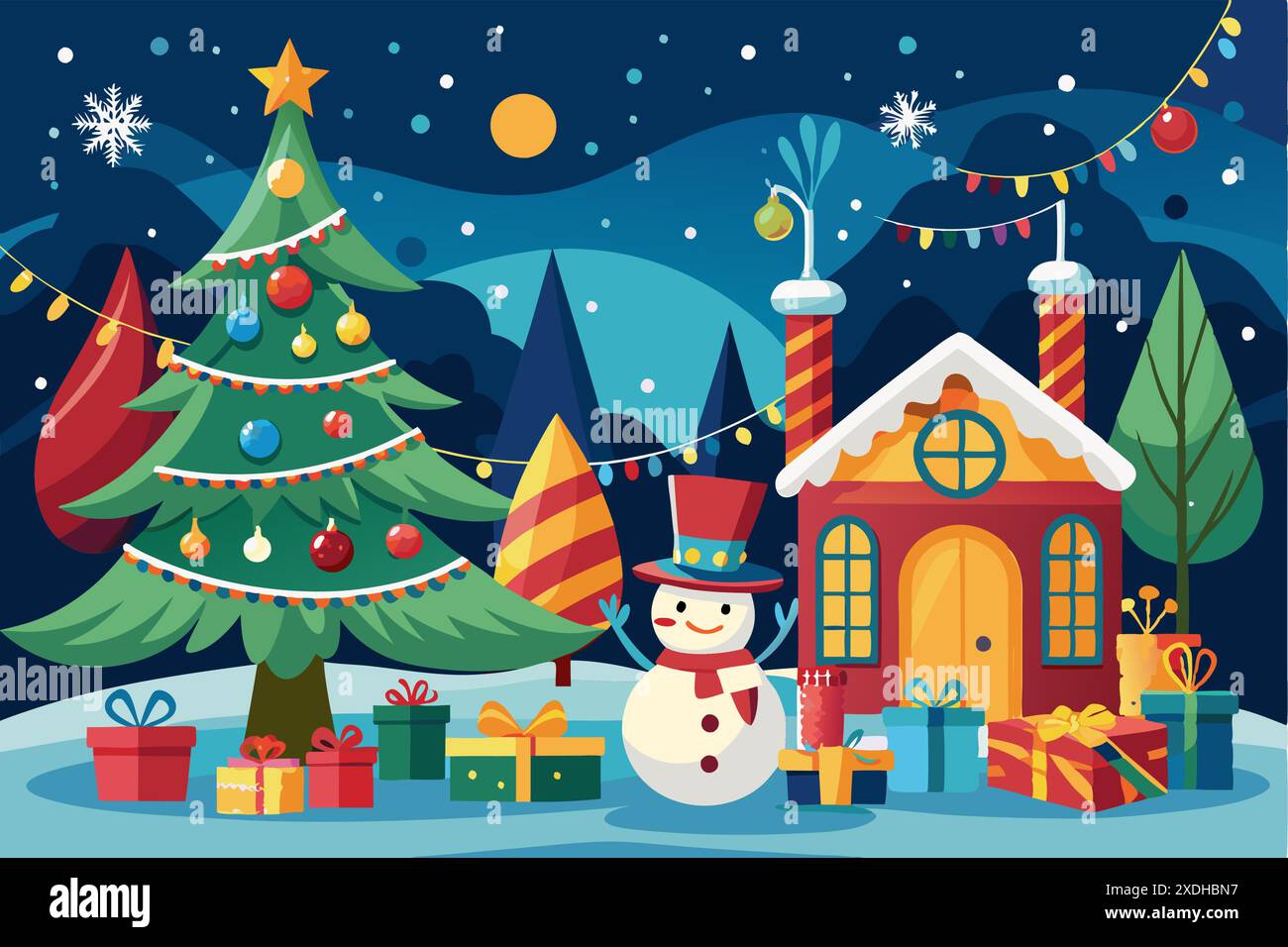 Festive Christmas scene with decorated tree snowman and gifts. Concept ...