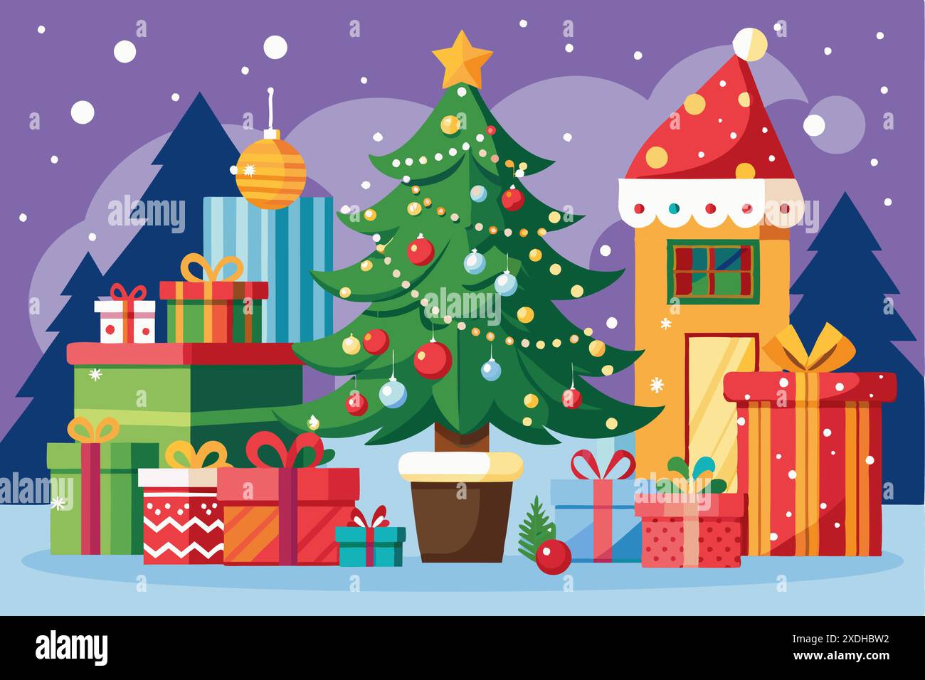 Festive Christmas tree with gifts on a snowy background. Concept of ...