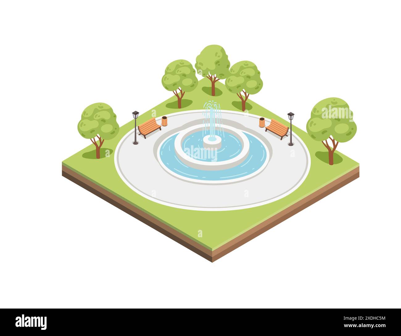 Isometric city park landscape design concept with water fountain vector ...