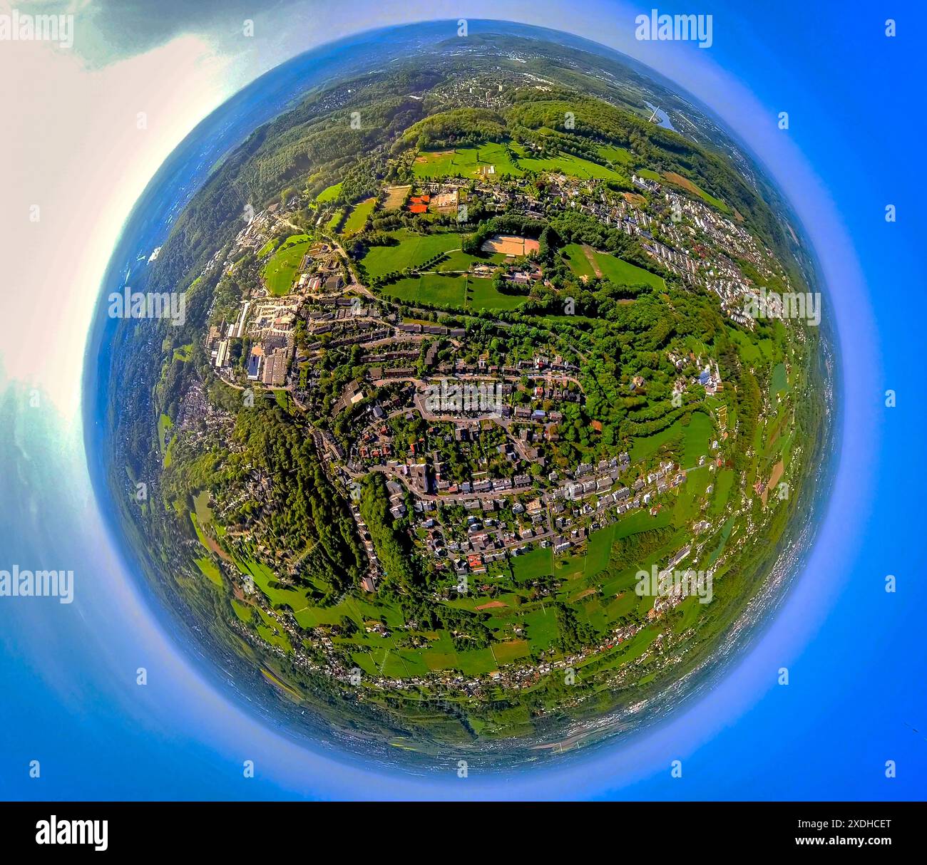 Aerial view, residential area Schraberg local view district Westende, meadows and fields ...