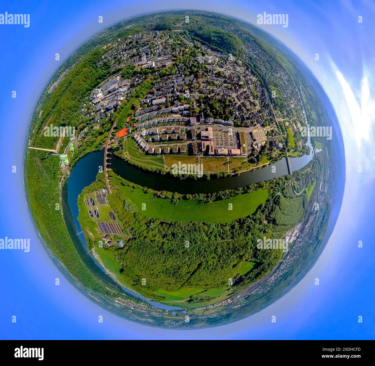 Aerial view, city view residential area Herdecke, river Ruhr and ...