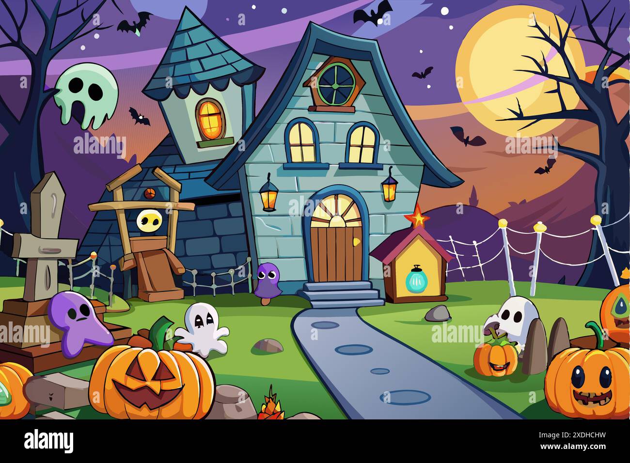 Haunted house with ghosts and pumpkins under a full moon. Concept of ...