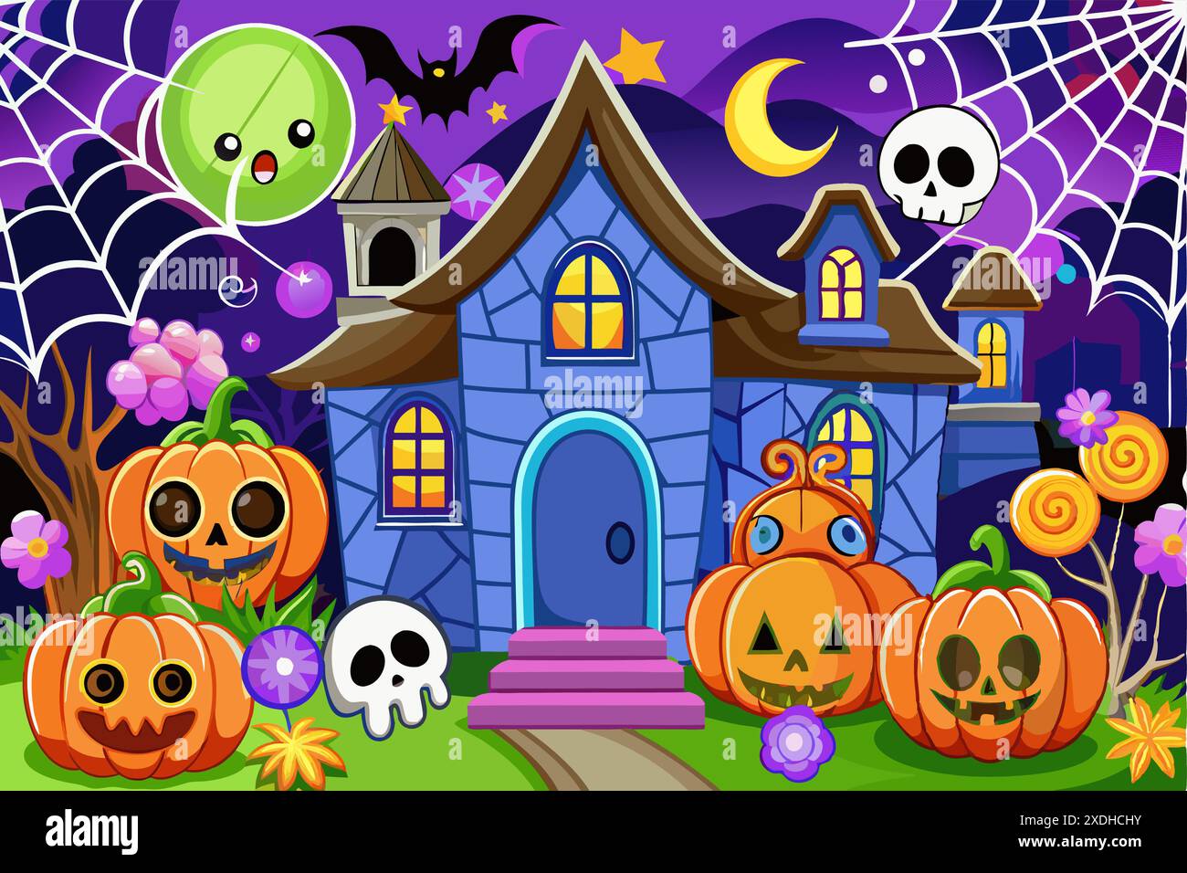 Haunted house in a spooky night scene with pumpkins, ghosts, and ...