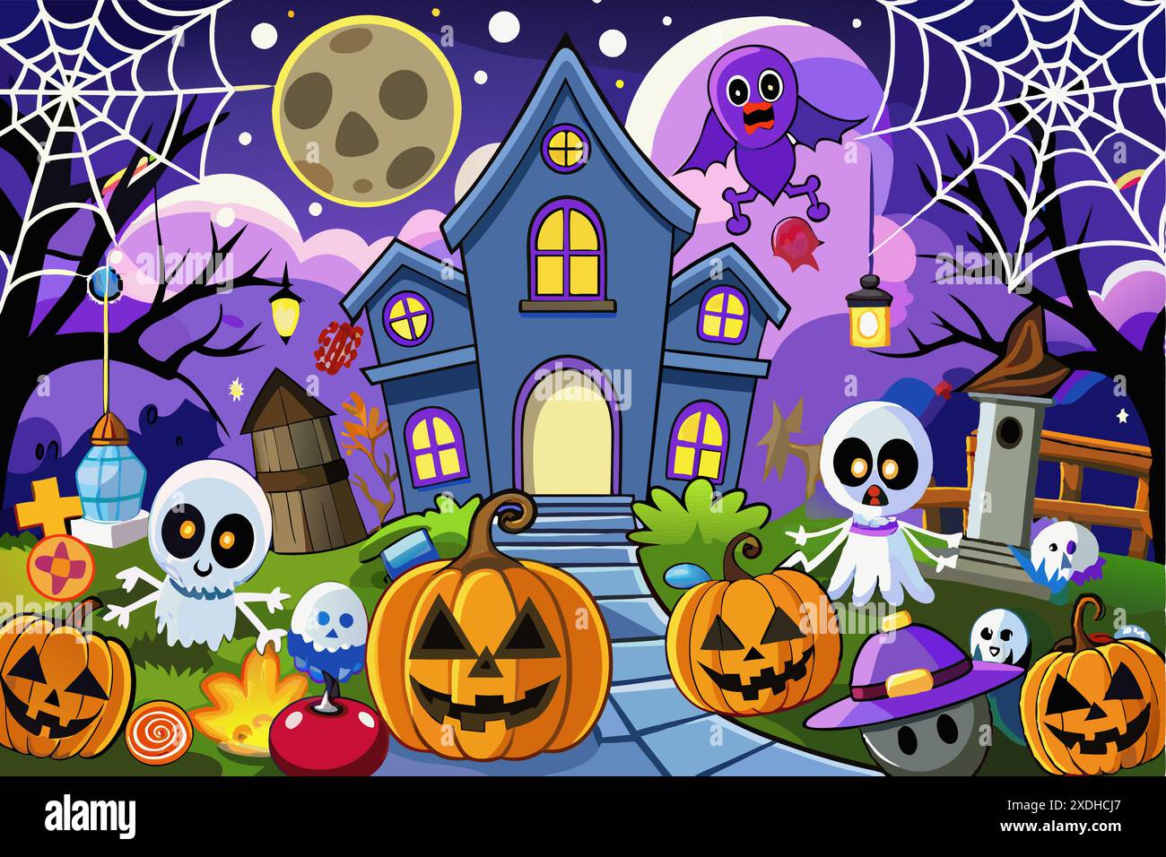 Haunted house in a spooky night scene with pumpkins, ghosts, and ...