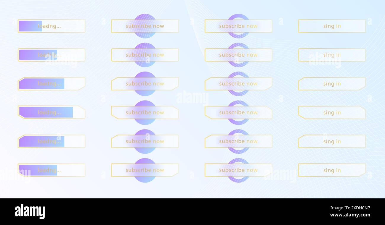 Glass morphism effect. Set of transparent frosted acrylic buttons and loading bars. Blue ...