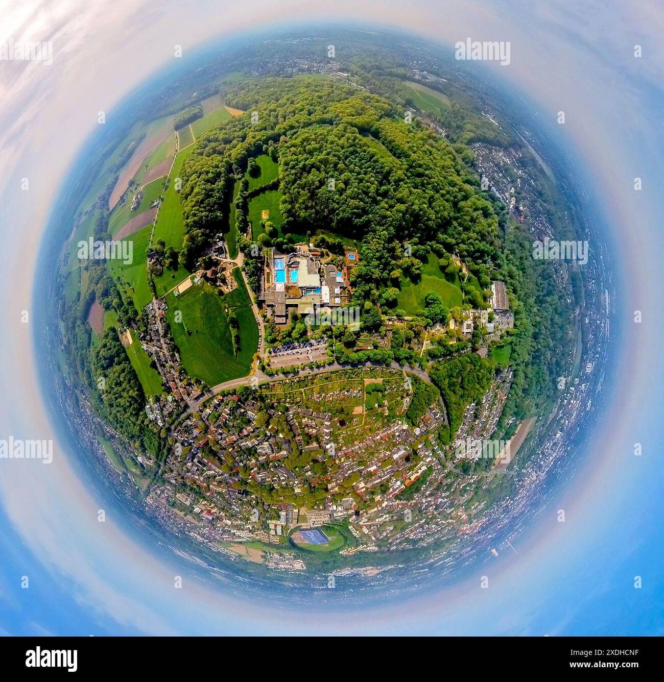 Aerial view, Gysenberg Revierpark, Lago Freizeitbad Therme, forest area ...