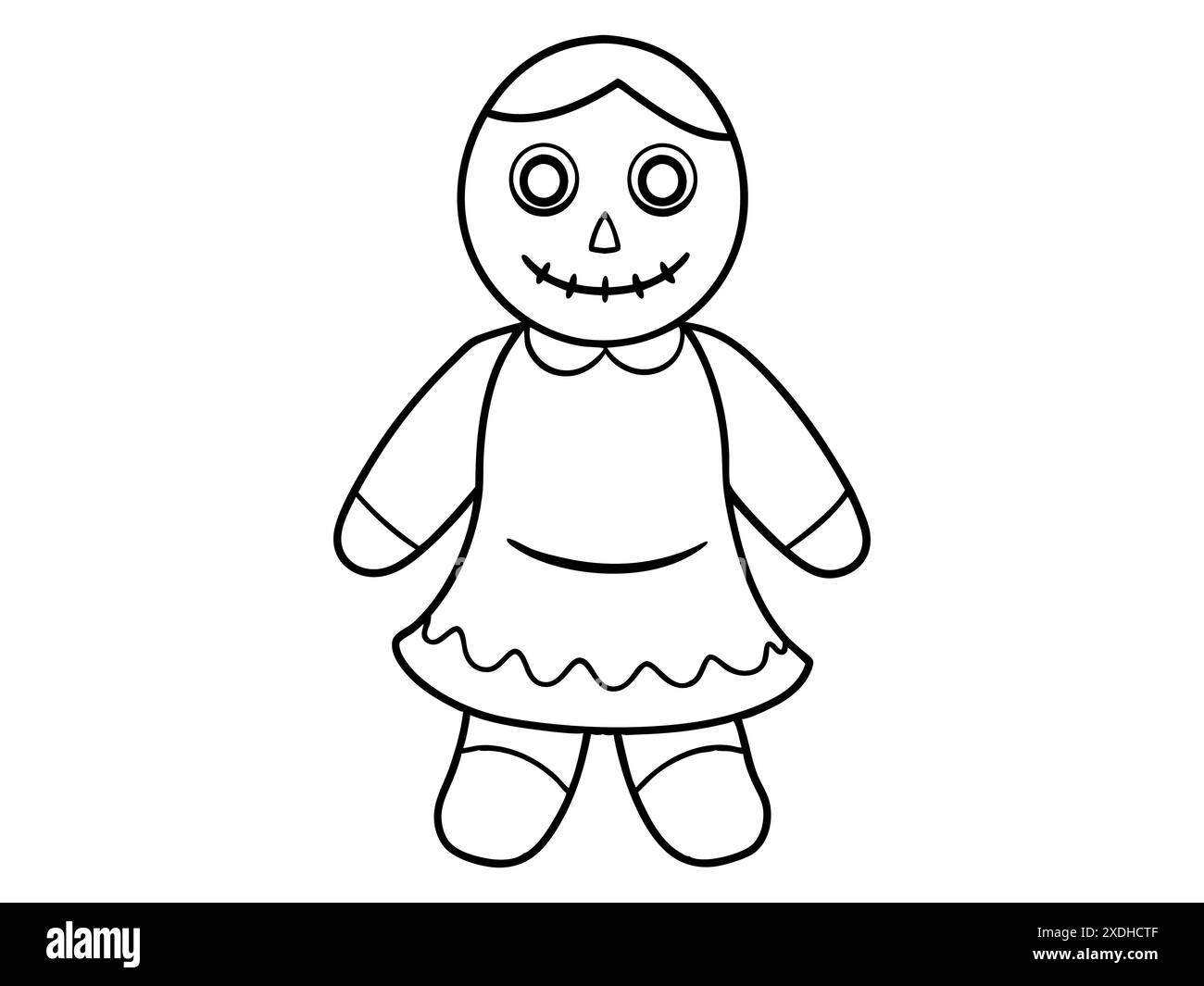 Black outline of a haunted doll with stitched smile and button eyes ...