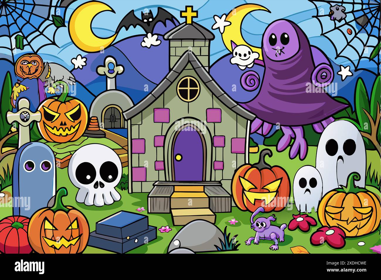 Cartoon-style Halloween scene featuring haunted house, pumpkins, ghosts ...