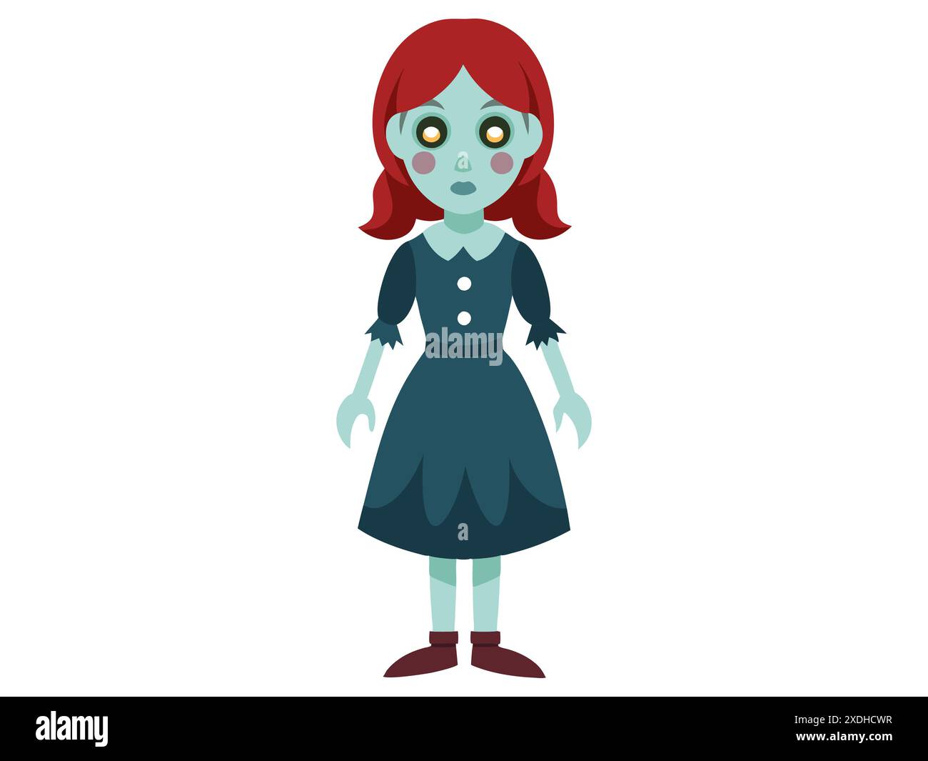 Cartoon scary haunted doll with big eyes in a dress isolated on a white ...