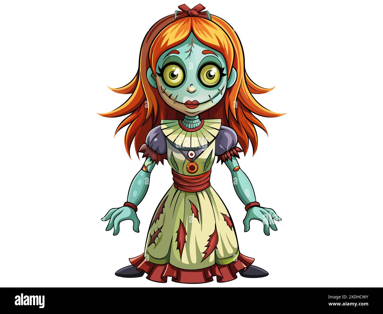 Cartoon scary haunted doll with big eyes in a dress isolated on a white ...
