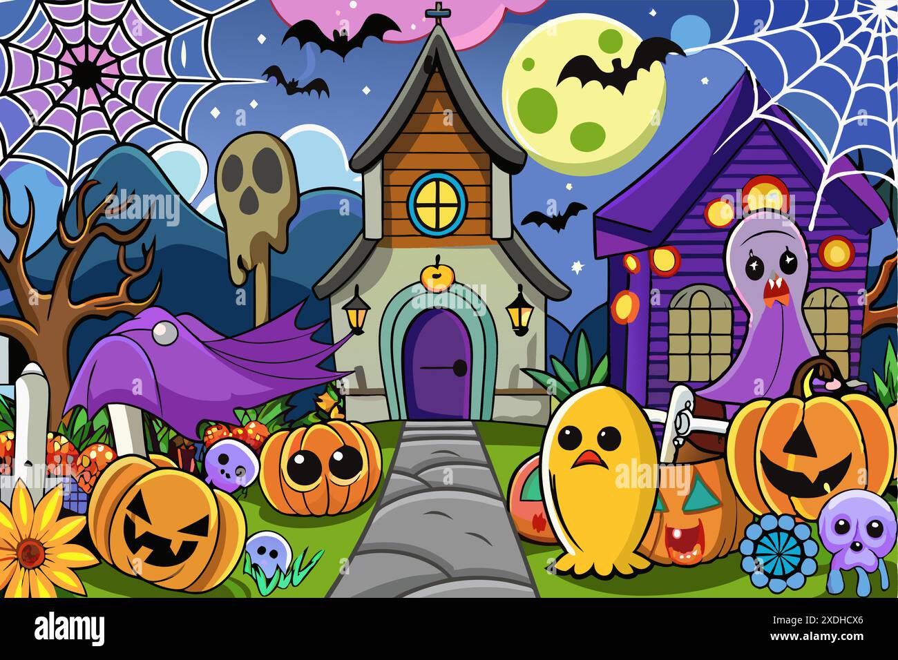 Cartoon-style Halloween scene featuring haunted house, pumpkins, ghosts ...