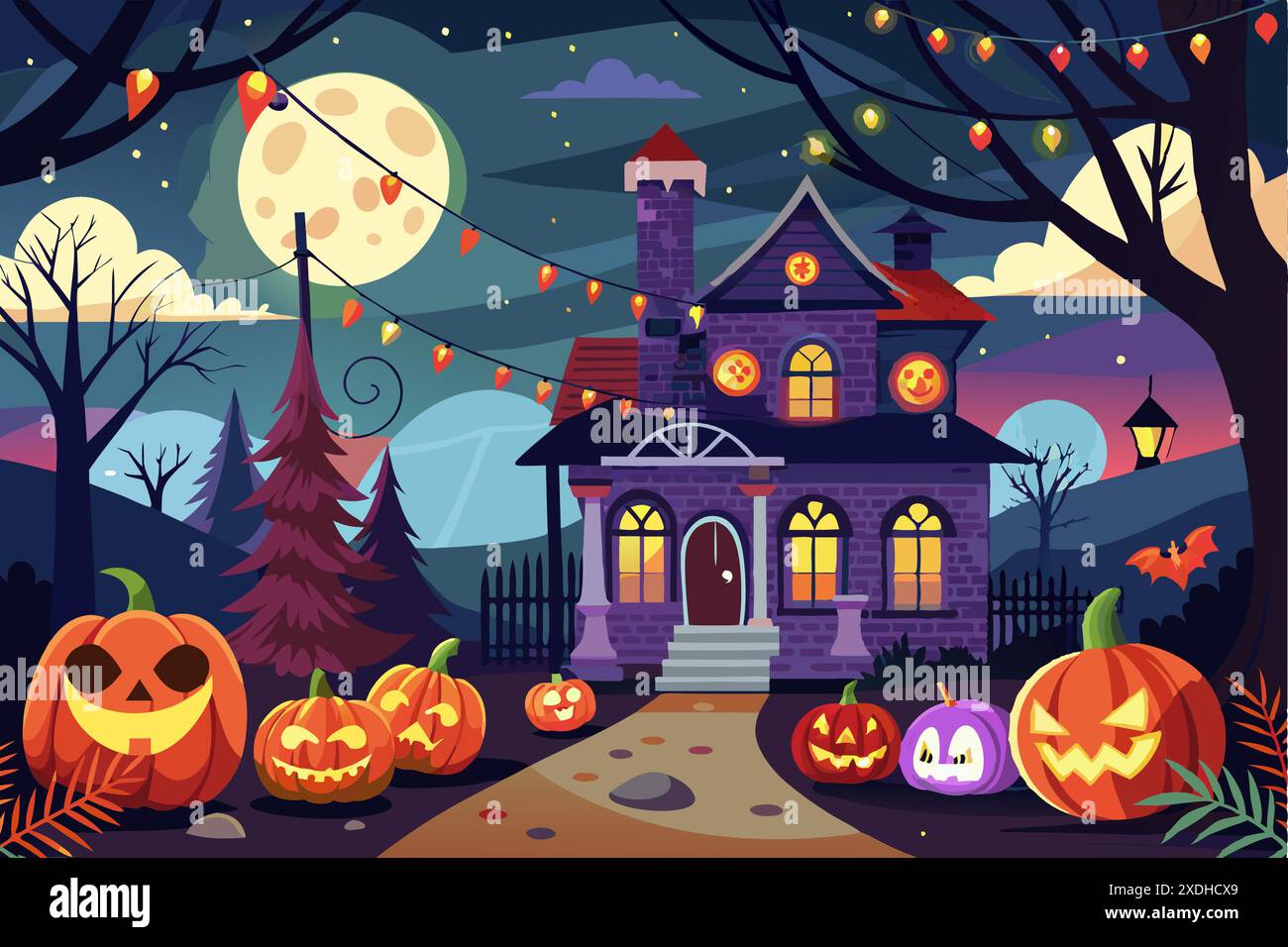 Spooky Halloween haunted house illustration on a moonlit night ...