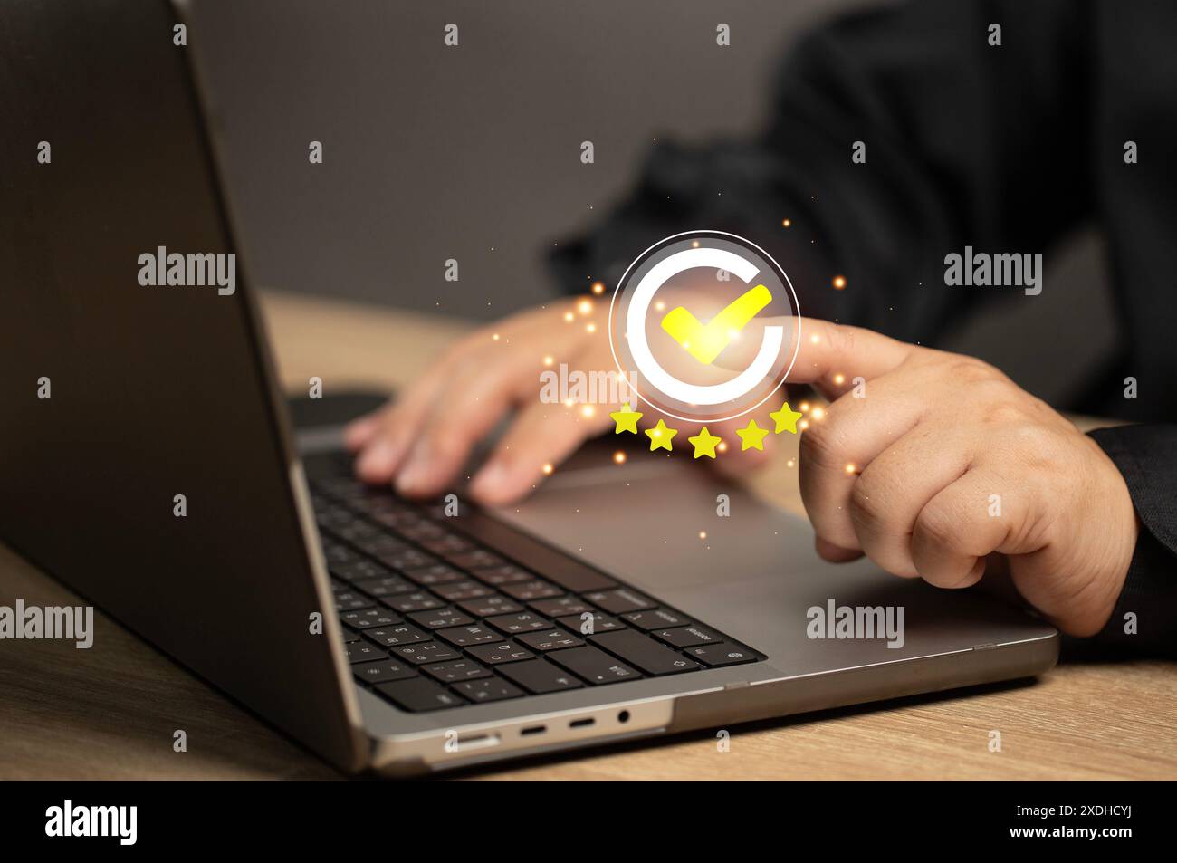 Businessman pointing on virtual screen at service satisfaction symbol ...