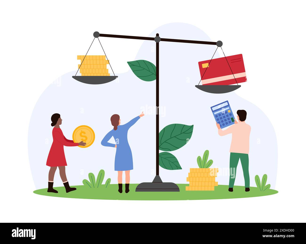 Comparison of using bank account and cash, financial transactions. Tiny ...