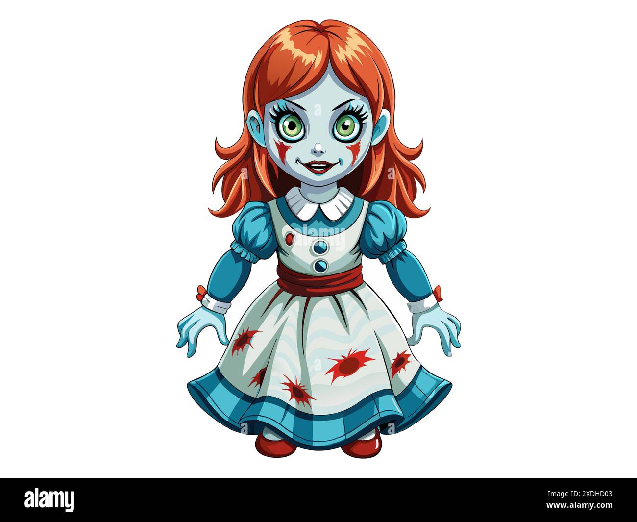 Cartoon scary haunted doll with big eyes in a dress isolated on a white ...