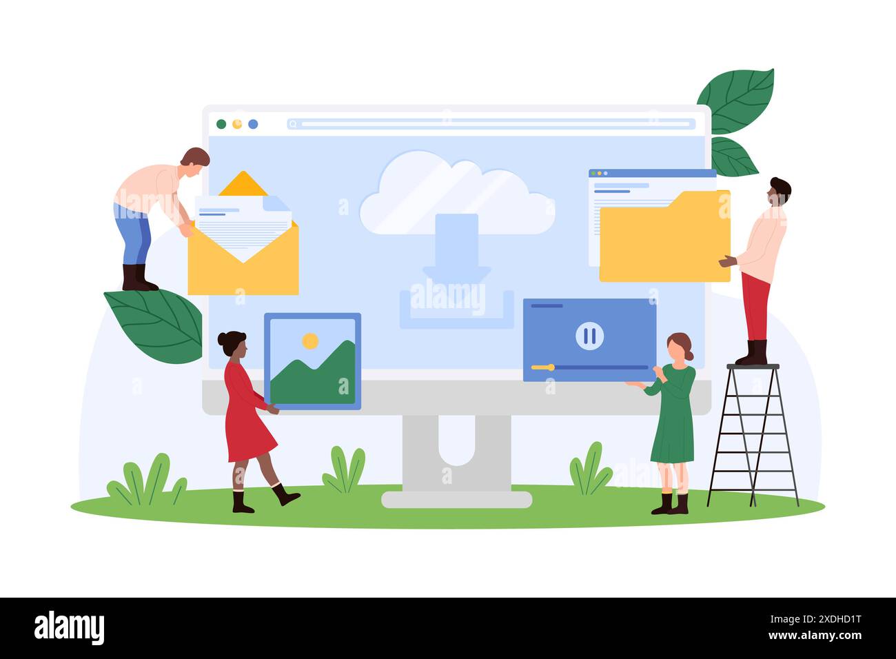 Access to cloud service, database. Tiny people holding icons of multimedia files, document in ...