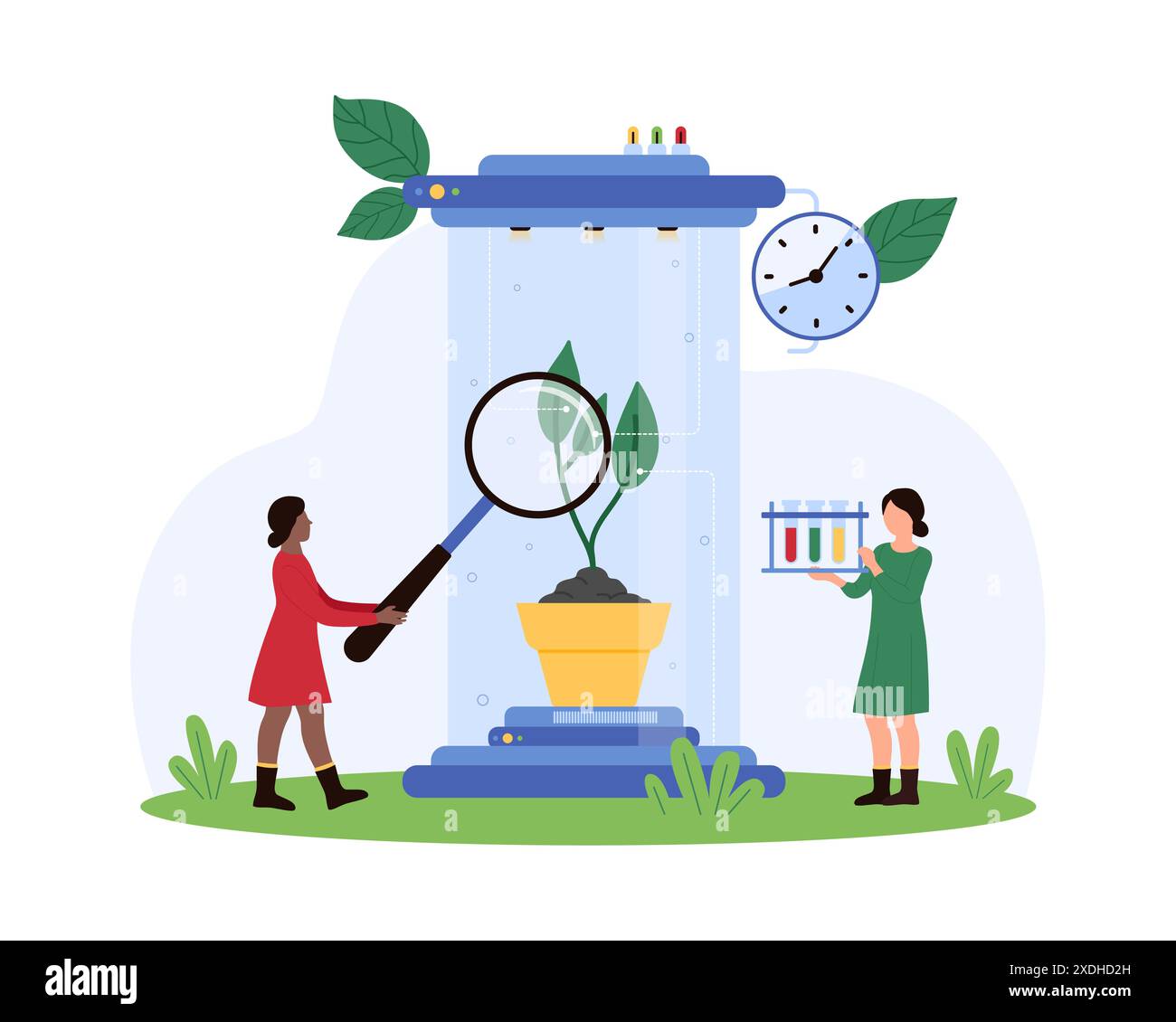 Biology research, growing plants in science laboratory. Tiny people ...