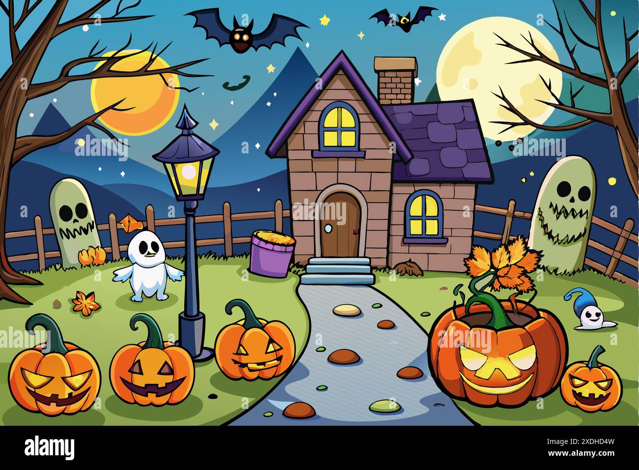 Halloween spooky night scene with haunted house and pumpkins. Concept ...