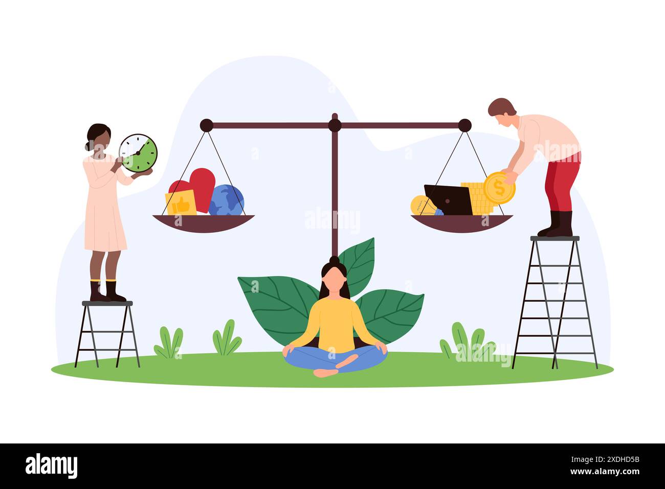 Work and life balance comparison. Tiny people weigh heart with free ...