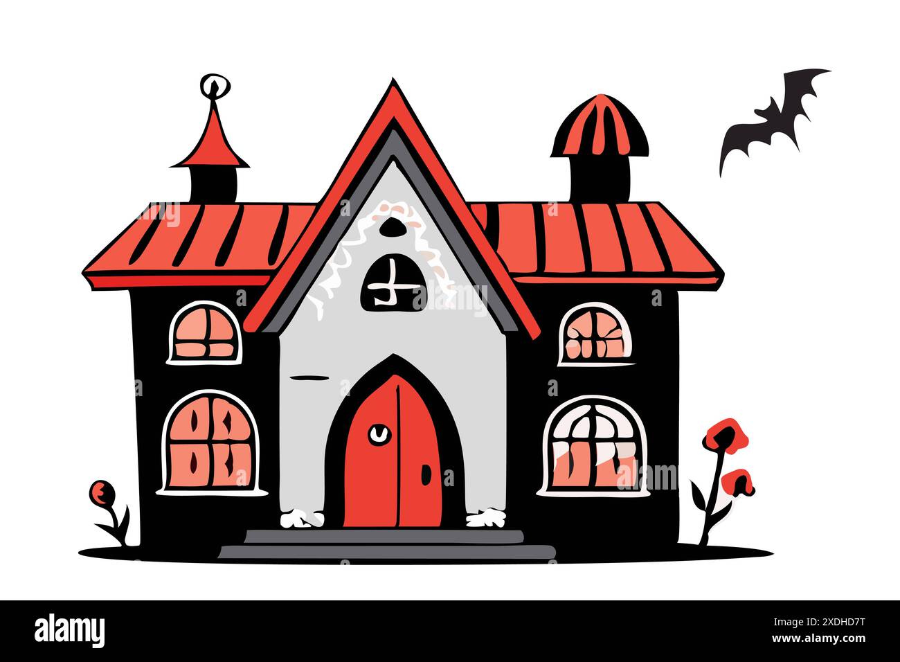 Black haunted house with red accents and bat illustration isolated on ...
