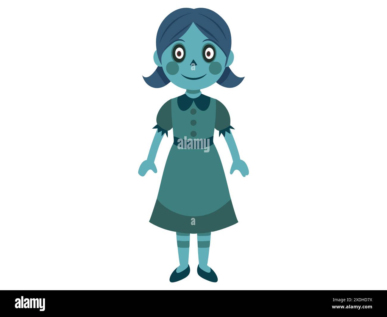Cartoon scary haunted doll with big eyes in a dress isolated on a white ...