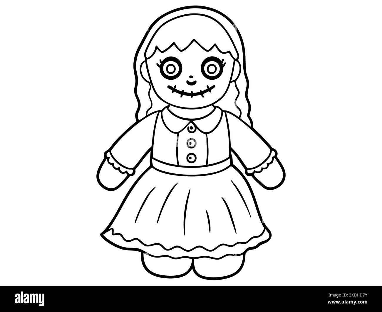 Black outline of a haunted doll with stitched smile and button eyes ...