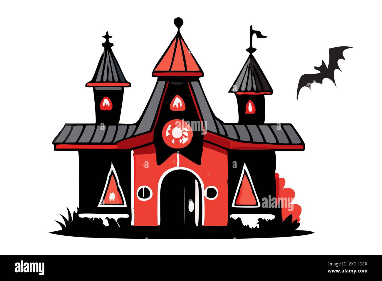 Black haunted house with red accents and bat illustration isolated on ...