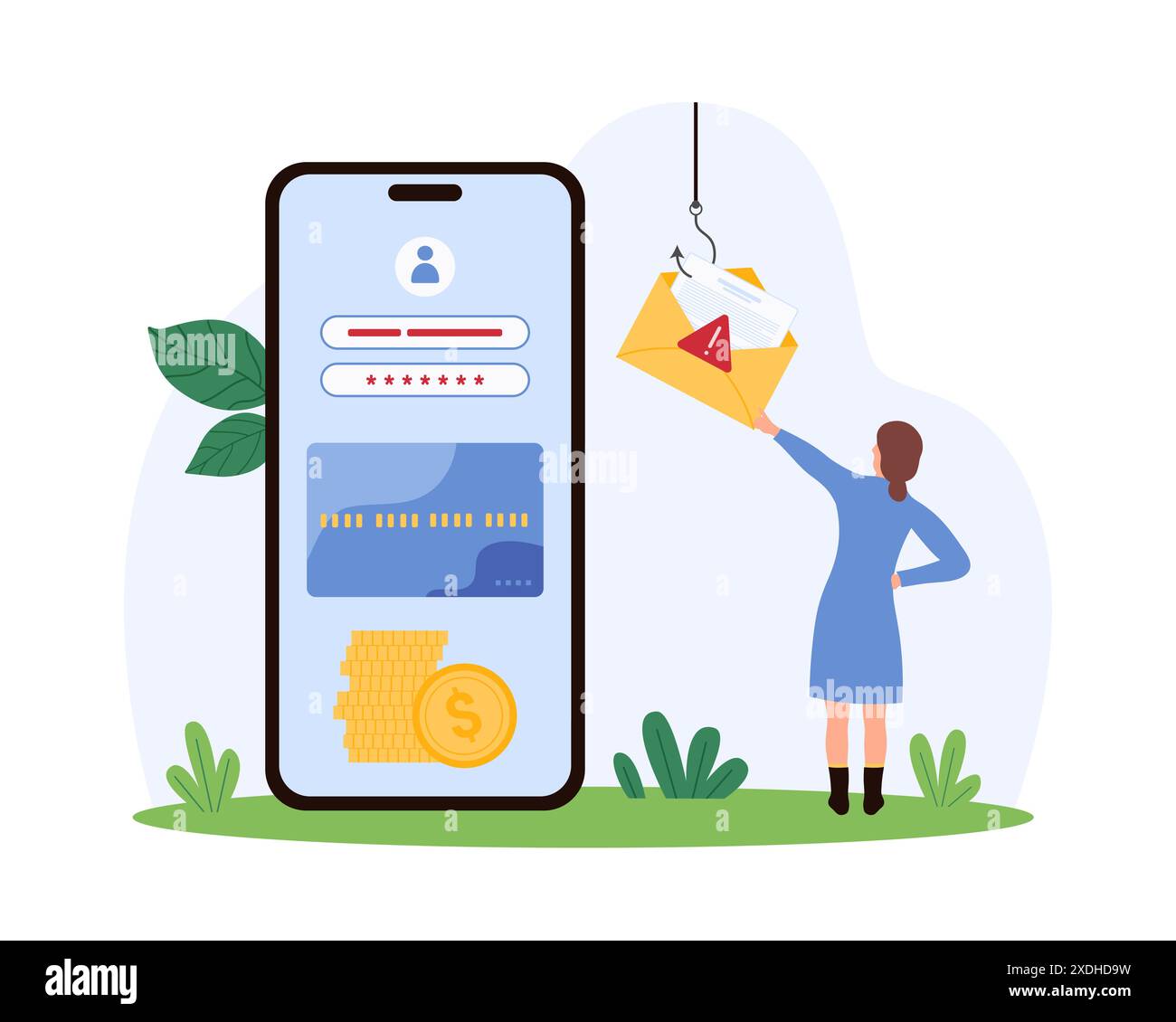 Financial awareness of phishing, theft of bank account.. Tiny woman ...