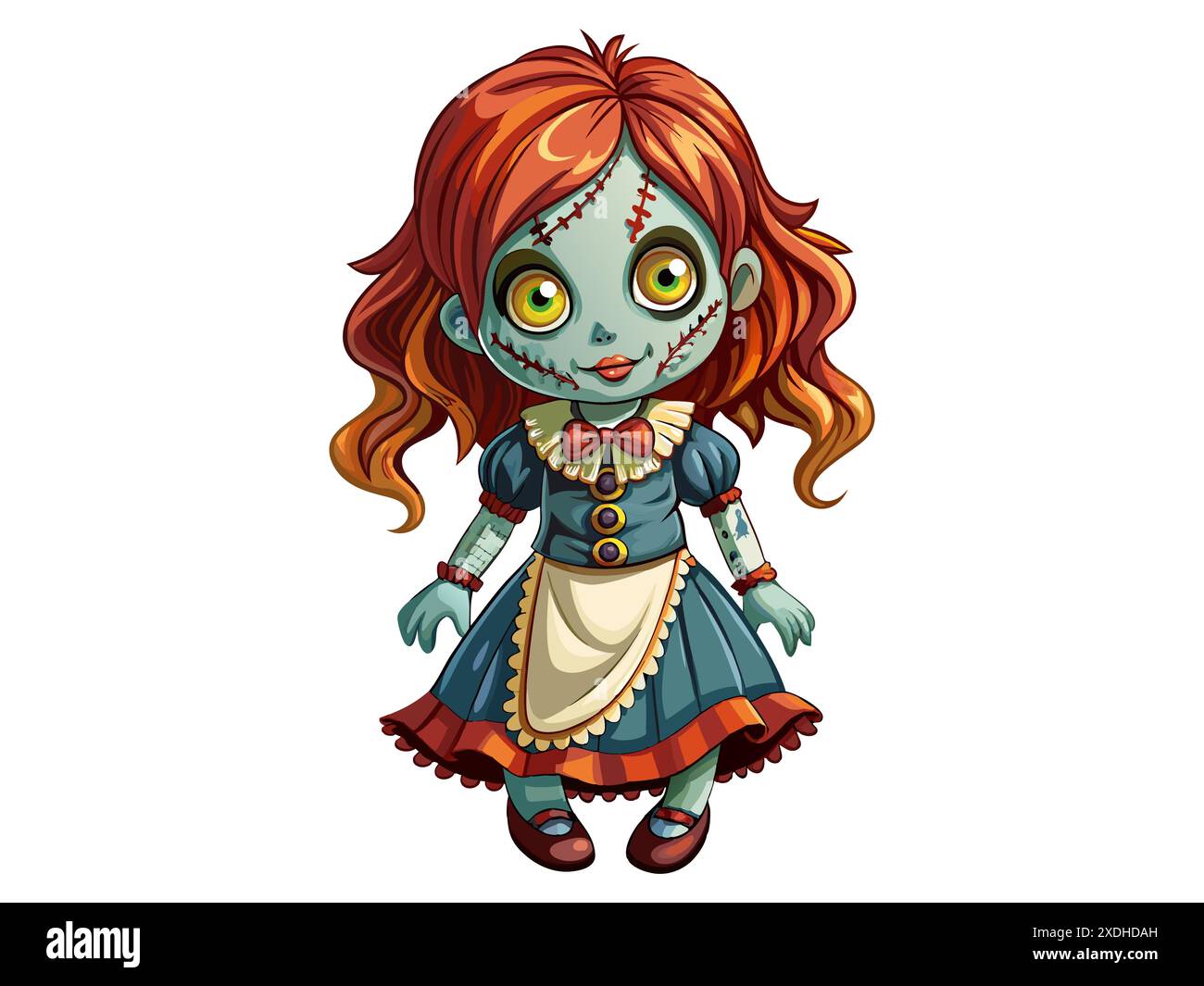 Cartoon scary haunted doll with big eyes in a dress isolated on a white ...