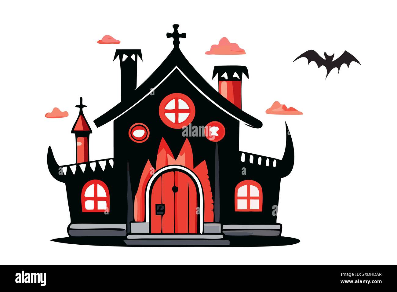 Black haunted house with red accents and bat illustration isolated on ...
