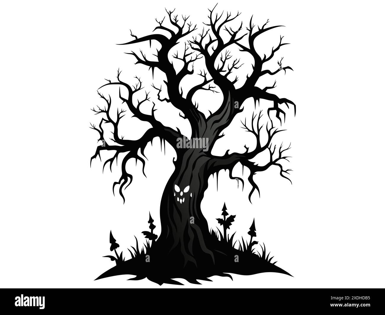 Black silhouette of a spooky tree with an ominous face and creepy roots isolated on a white ...