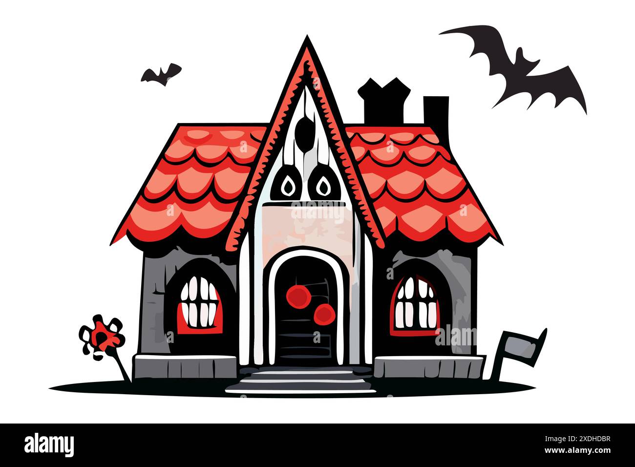 Black haunted house with red accents and bat illustration isolated on ...