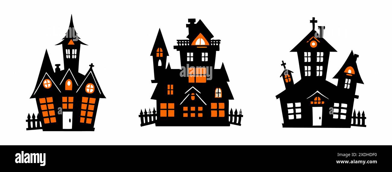 Set of Black silhouettes of haunted houses with glowing windows ...