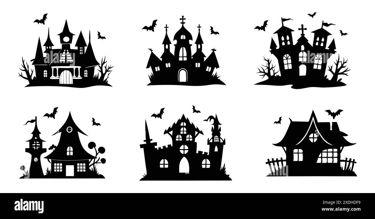 Set of Black silhouettes of haunted houses with bats isolated on a ...