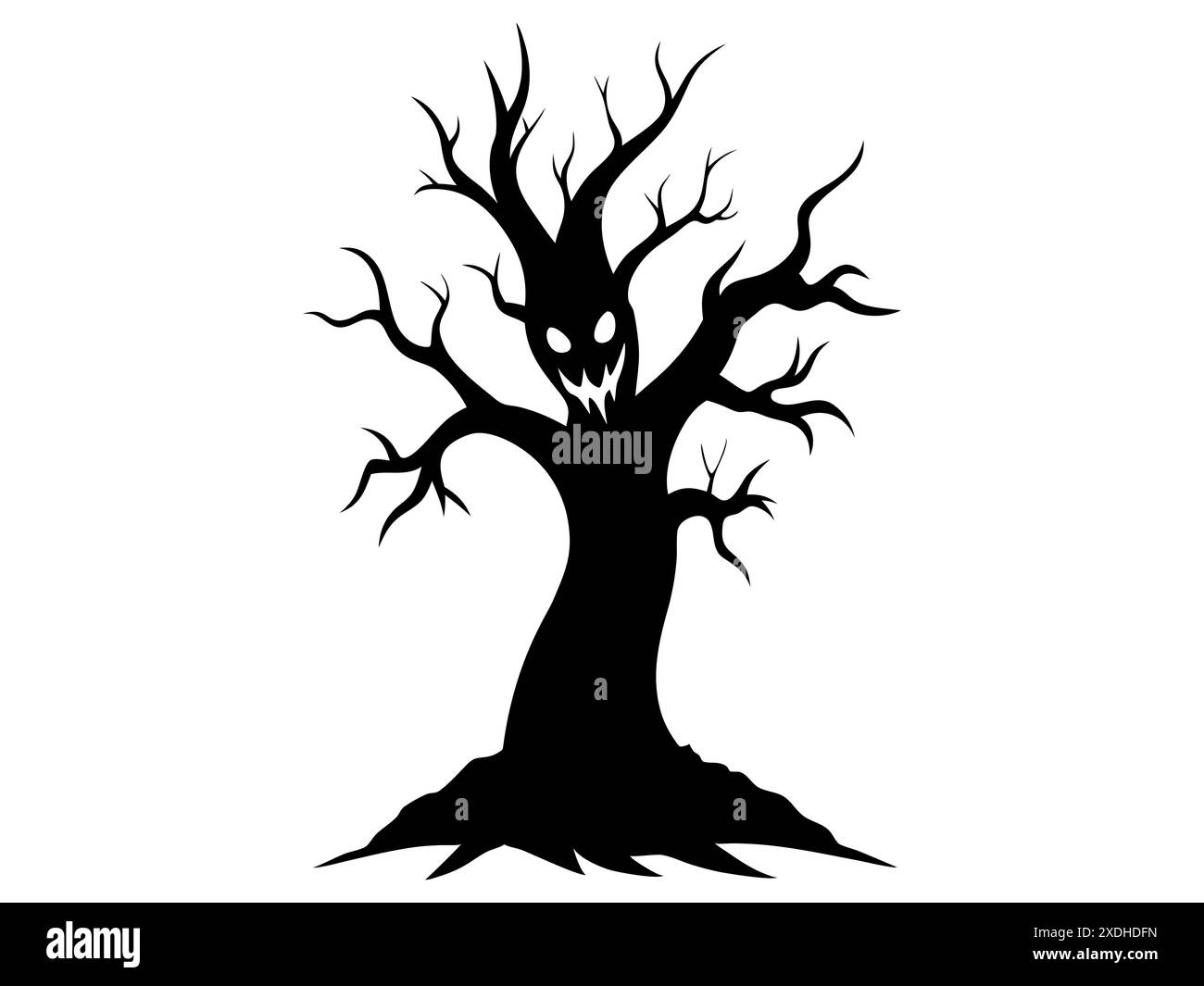 Black silhouette of a spooky tree with an ominous face and creepy roots ...