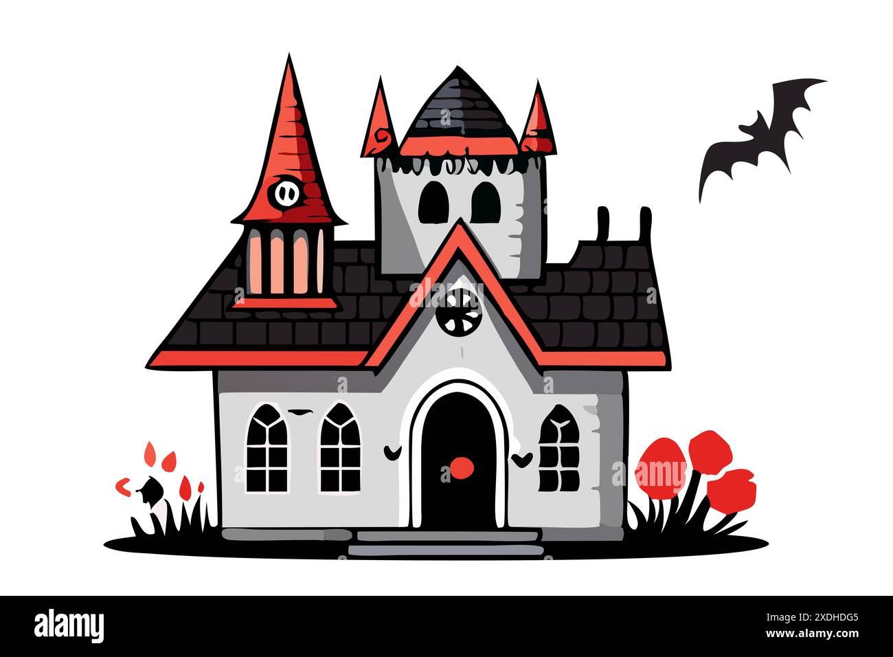 Black haunted house with red accents and bat illustration isolated on ...