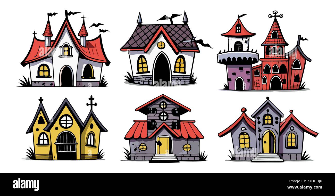 Set of Cartoon style haunted houses with spooky windows. Concept of ...