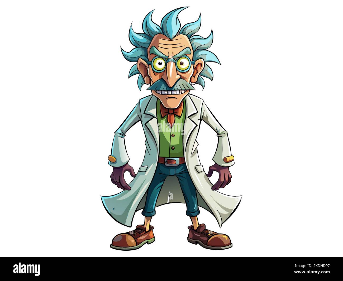 Quirky cartoon mad scientist in a lab coat isolated on white background ...