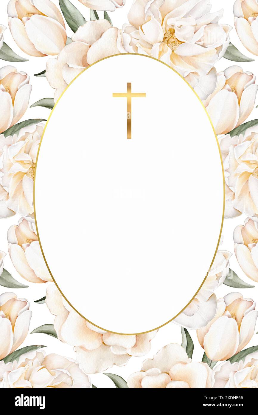 Watercolor frame with white gentle flowers and golden cross. Template ...