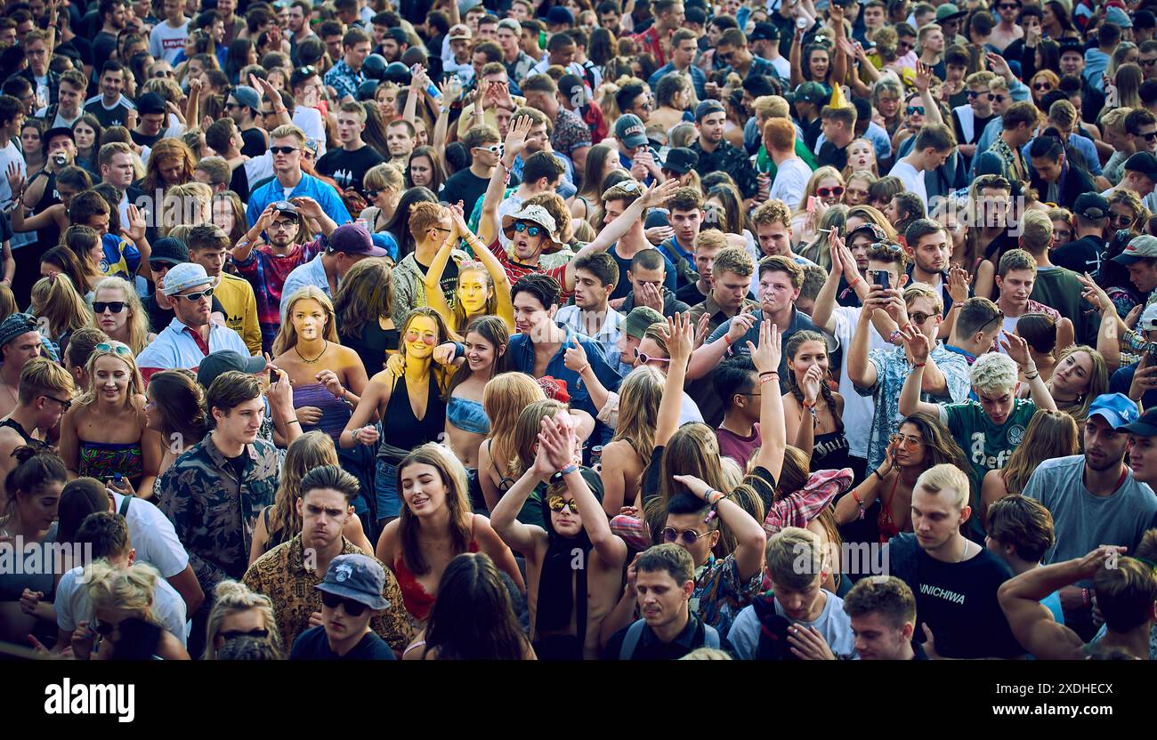 festival crowd with young people and some highlighted with yellow light ...